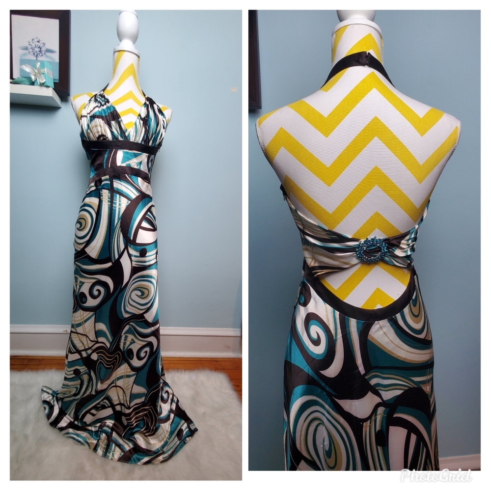 Silky Mod Open Back Halter Prom Dress W/Bra Cups - Gem